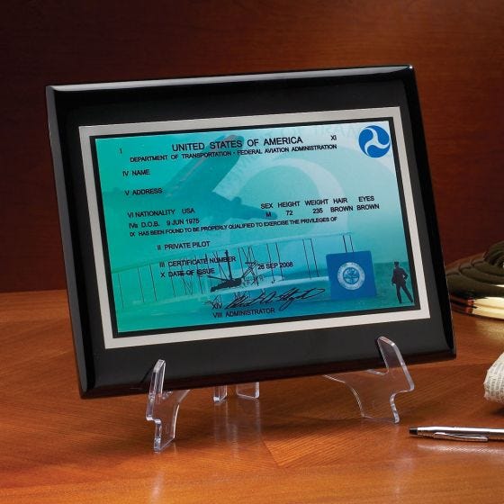 Elite Single-Sided Pilot License Plaque